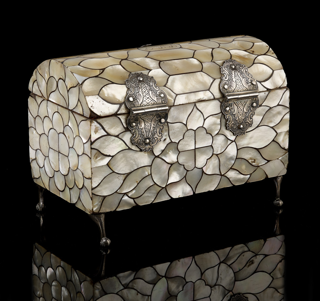 A Spanish Colonial Antique Mother of Pearl & Silver Casket
