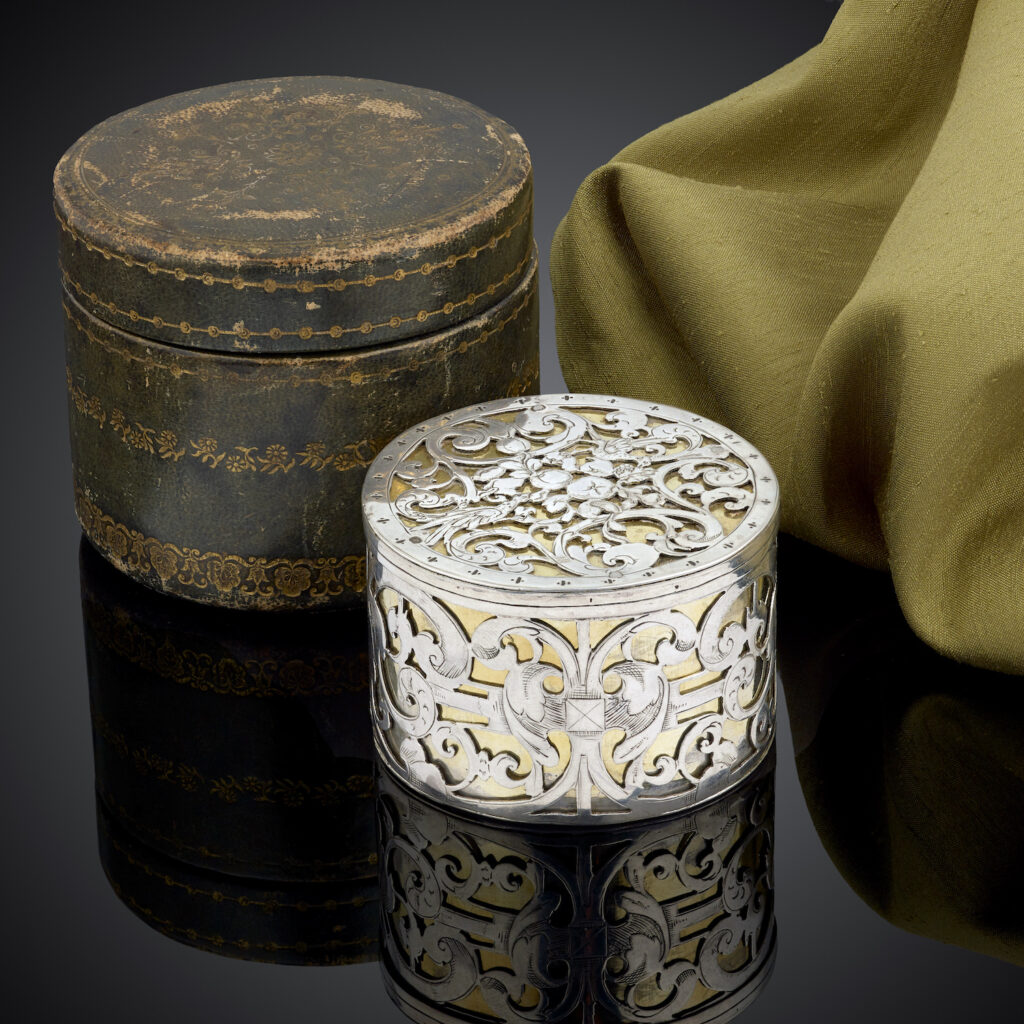 A circular strapwork Box, silver and parcel gilt, Dutch c.1660 ...